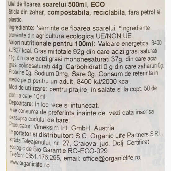 Ulei eco de floarea-soarelui, presat la rece 0.5l - Prospețime și ...