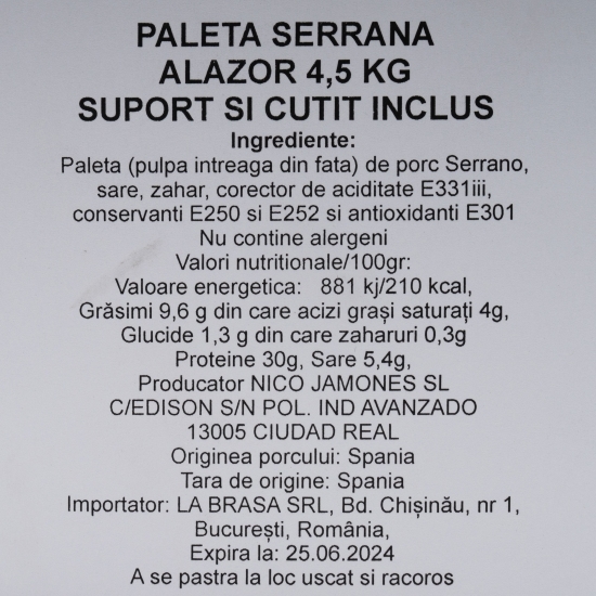 Pachet cadou Jamón Paleta Serrana Alazor 4.5kg + suport și cuțit ...